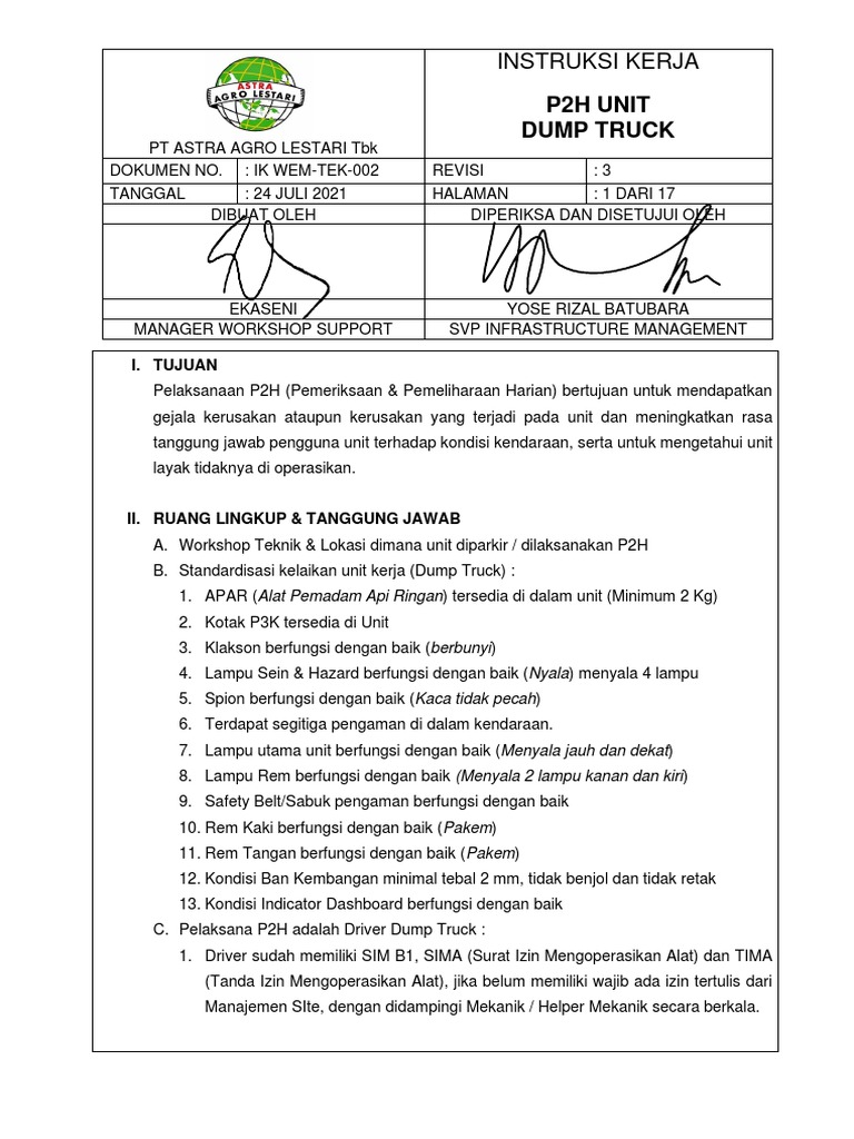 Prosedur P2H Dump Truck PT Astra | PDF | Teknologi & Rekayasa