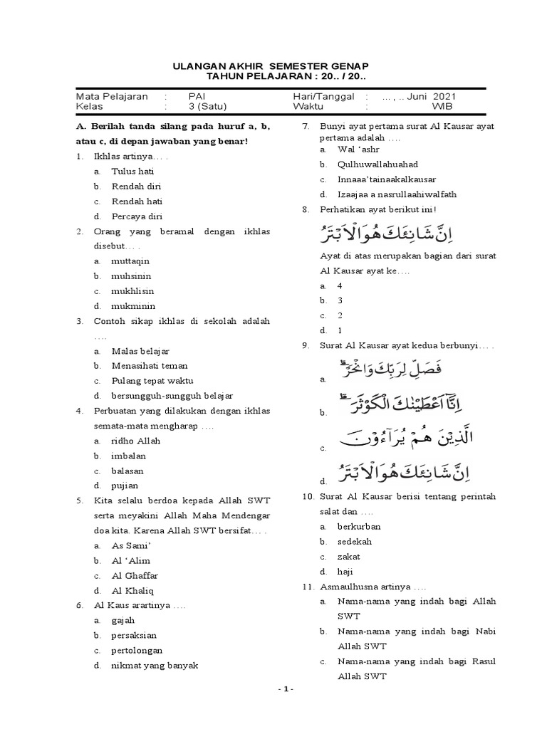 Soal PTS II PAI Kelas 3 K13 | PDF