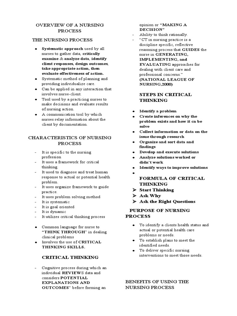 Overview of A Nursing Process The Nursing Process: Steps in Critical ...