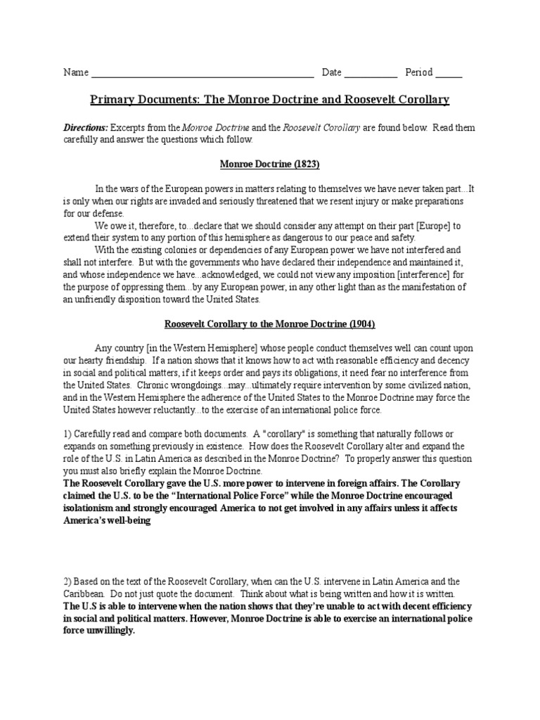 Monroe Doctrine Roosevelt Corollary Primary Source Document Analysis ...