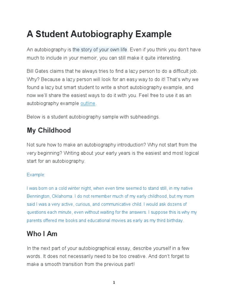 A Student's Journey: An Example Autobiography Outline Tracing Key ...
