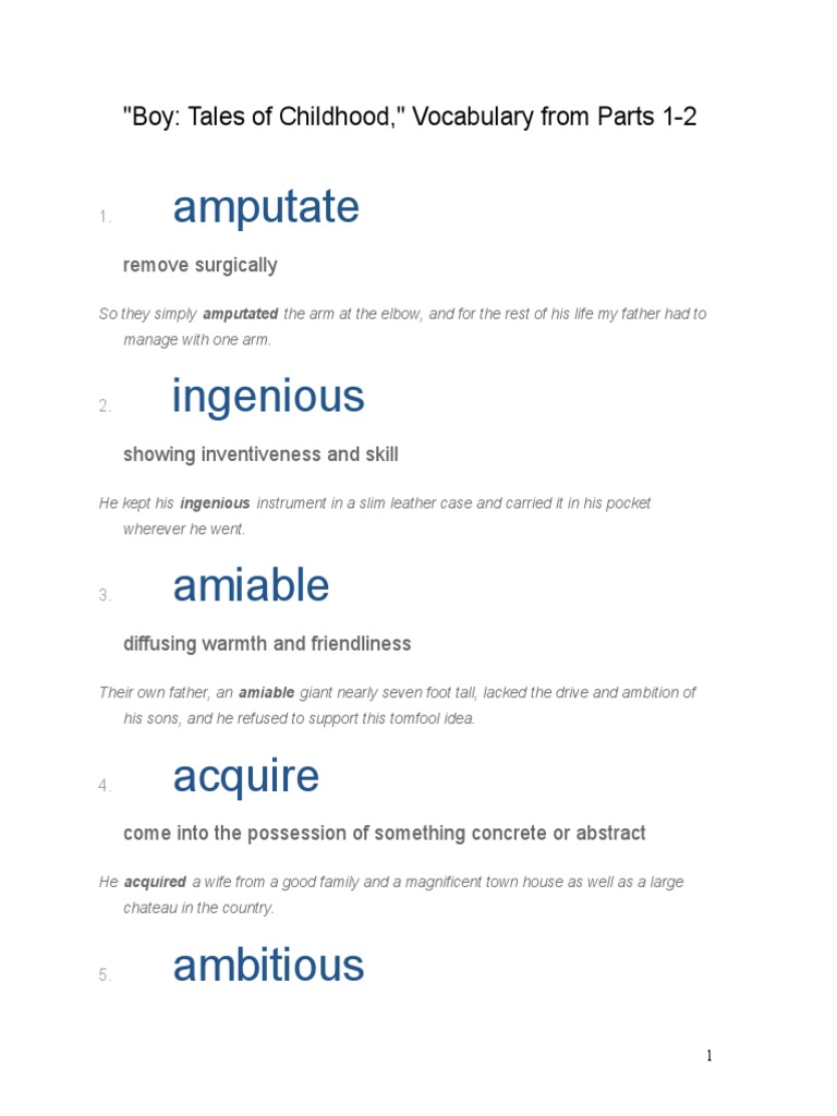 'Boy' by Roald Dahl Vocabulary | PDF