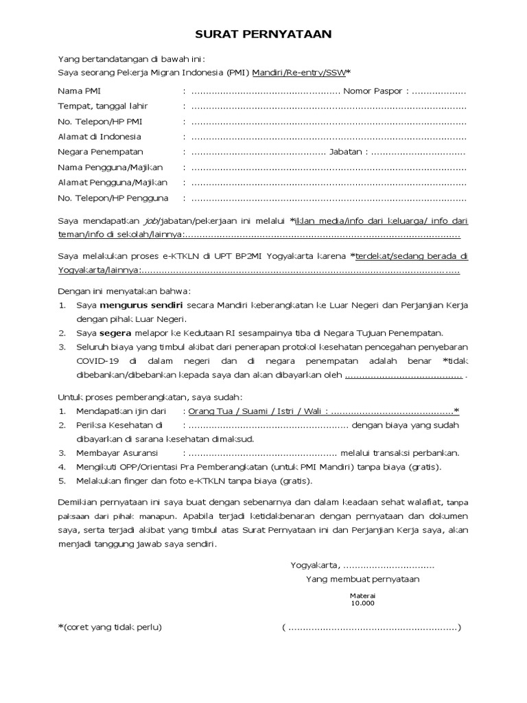 Surat Pernyataan Pmi Mandiri Re-Entry 2021 | PDF