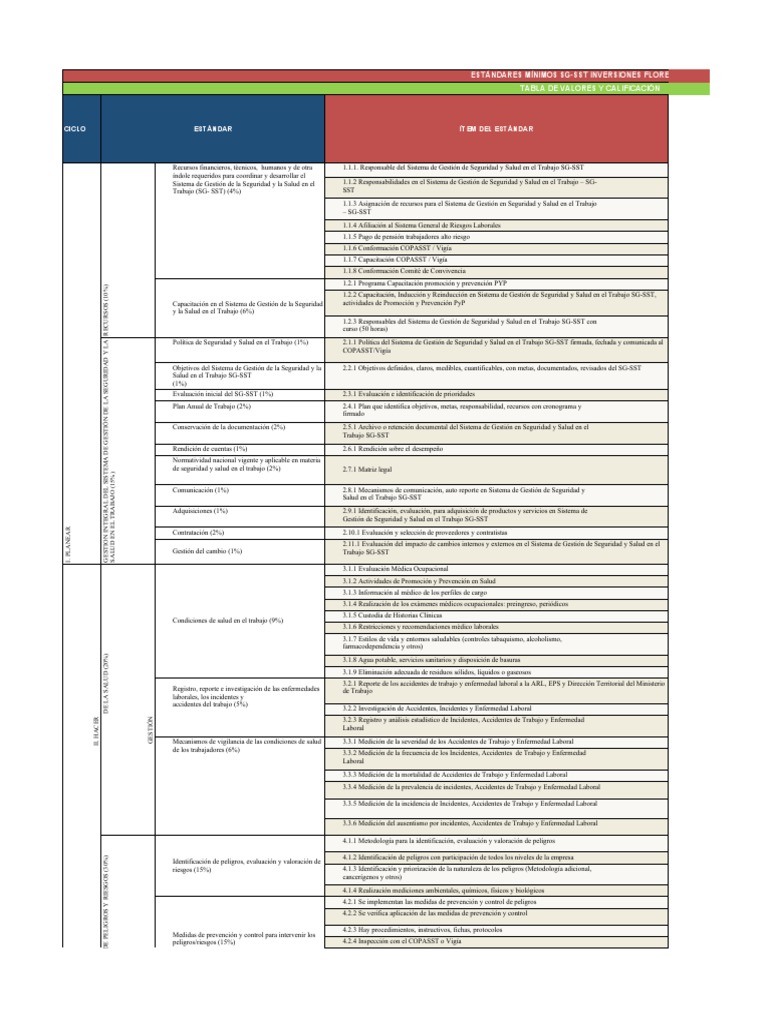 TABLA DE VALORES y CALIFICACIÓN SGSST | PDF | Auditoría | Ciencias de la Salud