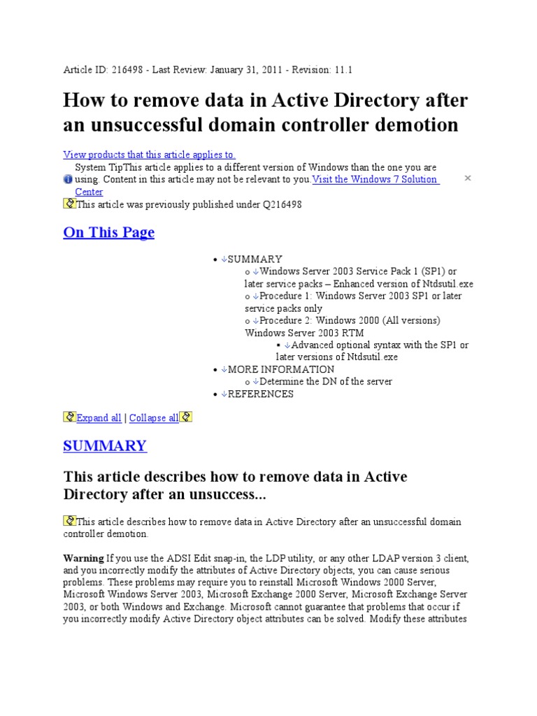How To Remove Data In Active Directory After An Unsuccessful Domain Controller Demotion