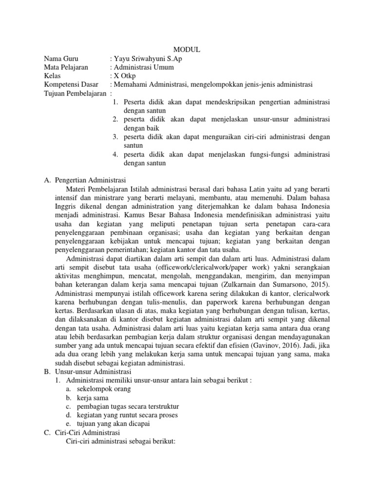 Modul Administrasi Umum Kls 10 OTKP | PDF