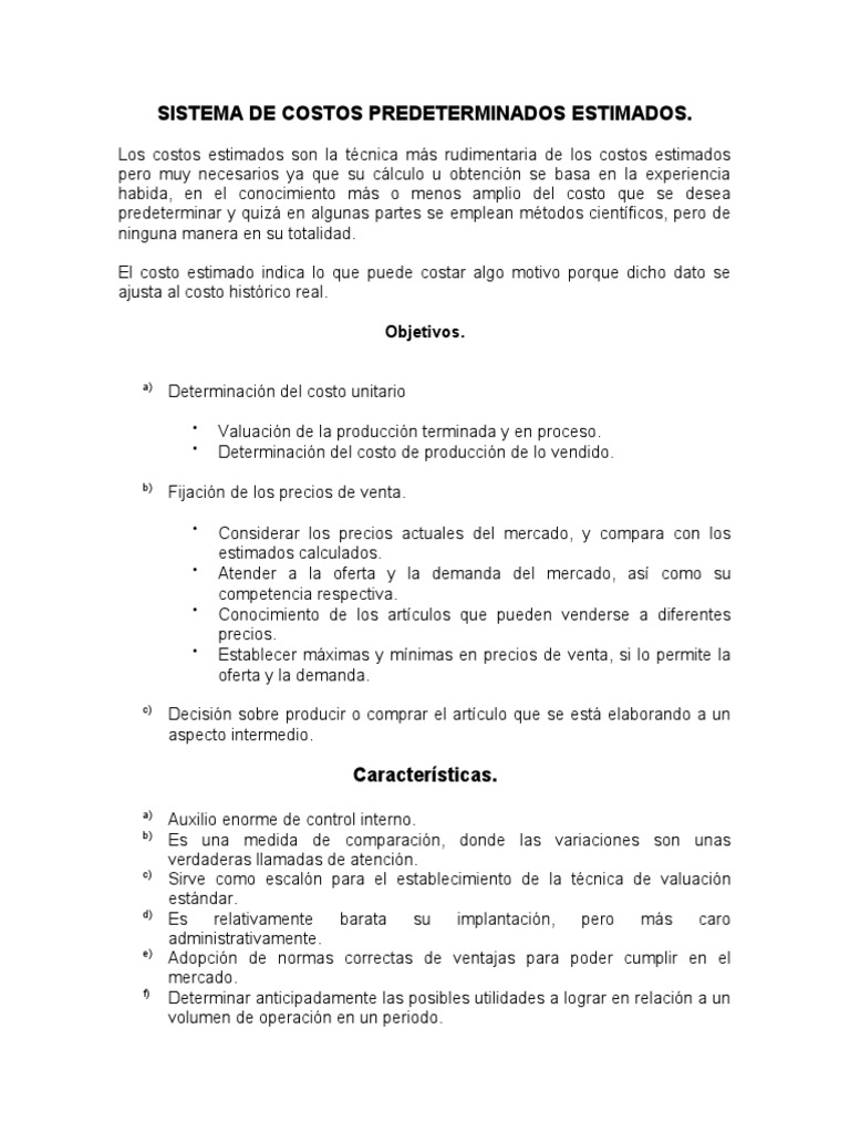 Sistema de Costos Predeterminados Estimados Unidad II | PDF | Mercado ...