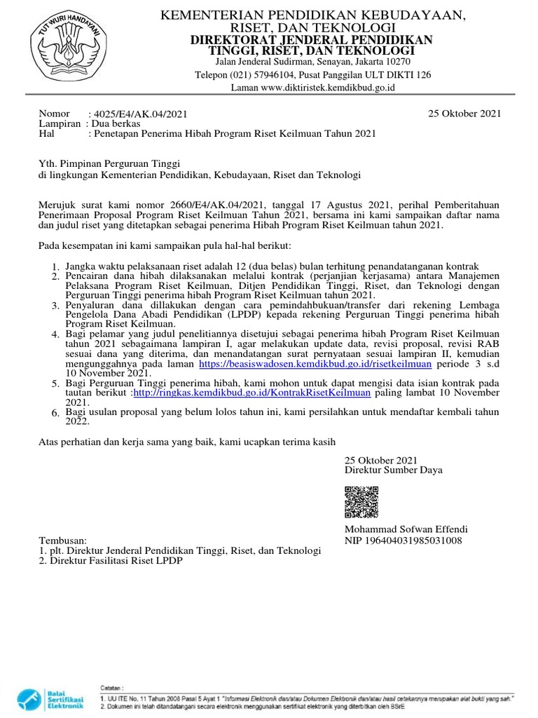 Surat Pengumuman Penerima Hibah Riset Keilmuan 2021 | PDF Surat Pengumuman Penerima Hibah Riset Keilmuan 2021 | PDF