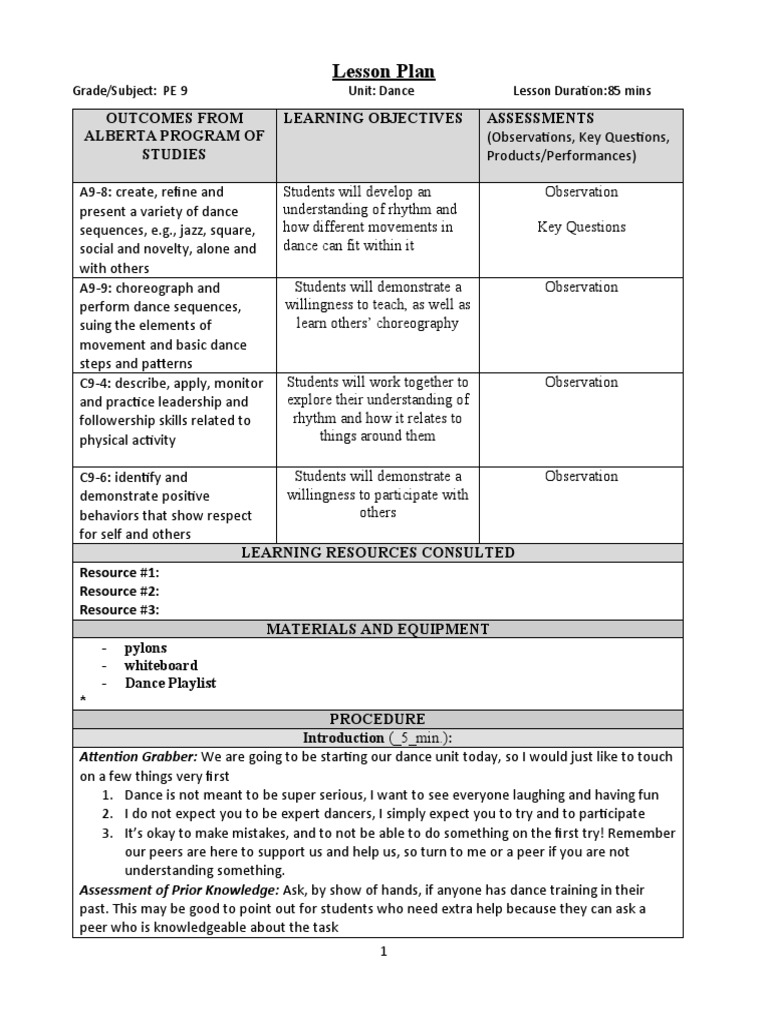 PE 9 Dance Lesson Plan Overview | PDF | Dances | Learning