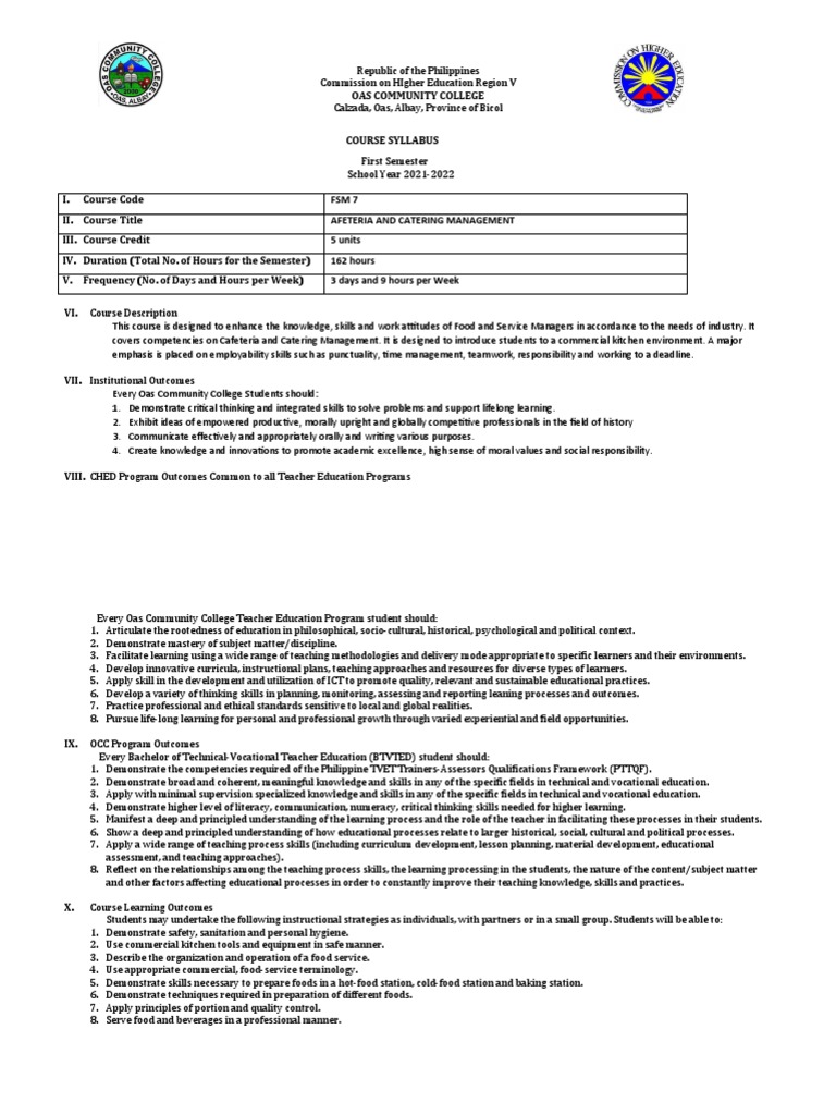 Cafeteria and Catering Management Syllabus | PDF | Vocational Education ...