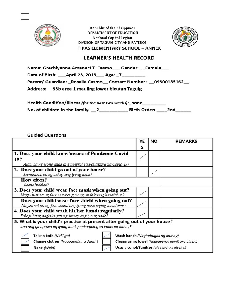 Learner's Health Record Form | PDF