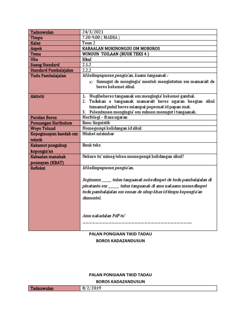 RPH Tahun 2 (Unit 1 SIKUL) | PDF | Kajian Bahasa Asing