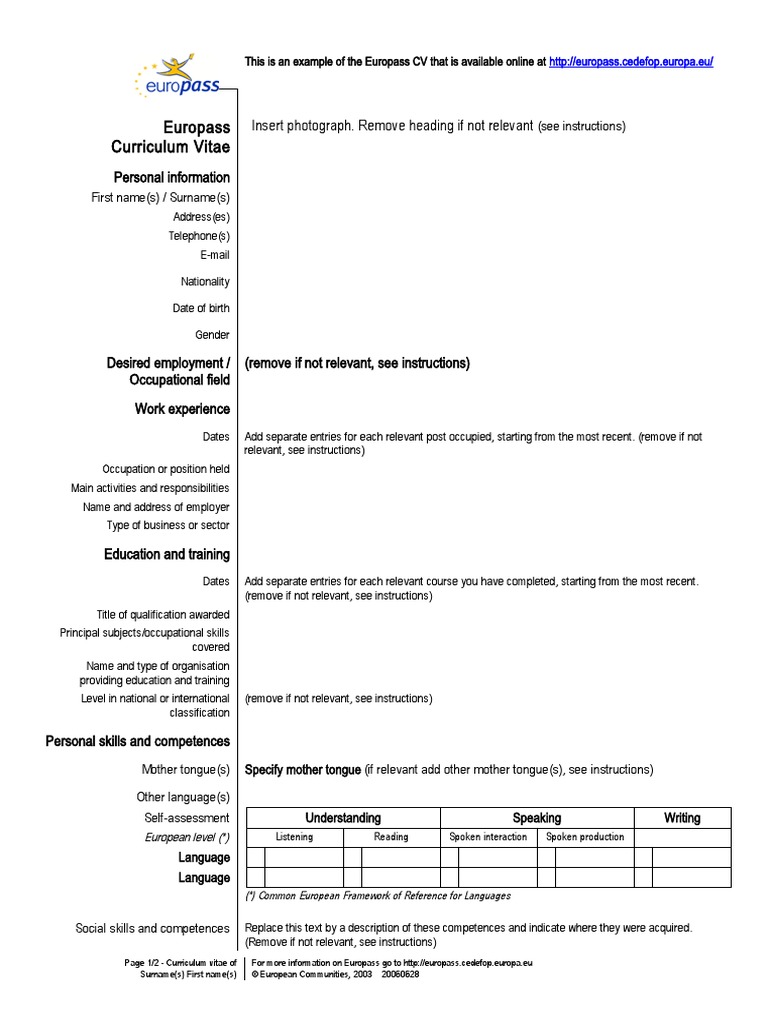 Europass European CV Template | Download Free PDF | Human Communication ...