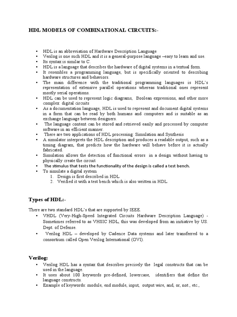 Hdl Model Of Combinational Circuits Pdf Hardware Description Language Digital Technology