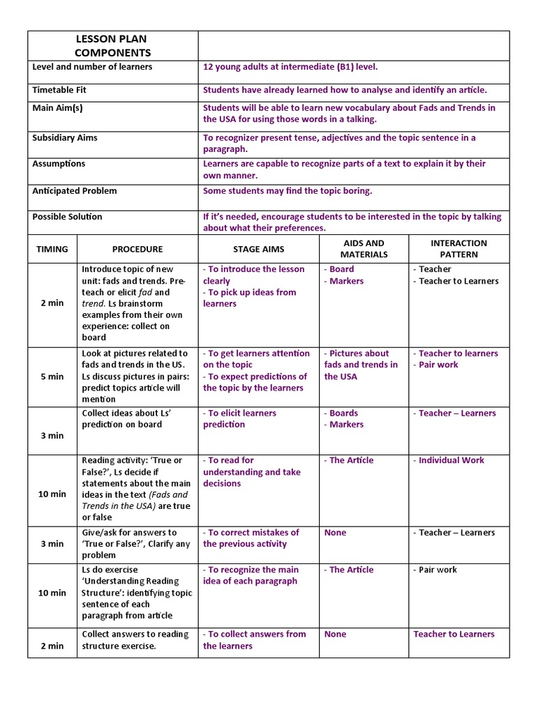Lesson Plan Components: Level and Number of Learners Timetable Fit Main ...