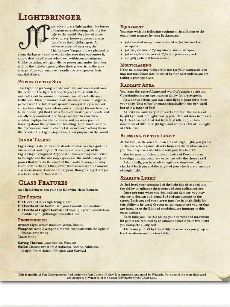 5e Character Class - The Lightbringer - GM Binder | PDF | Color
