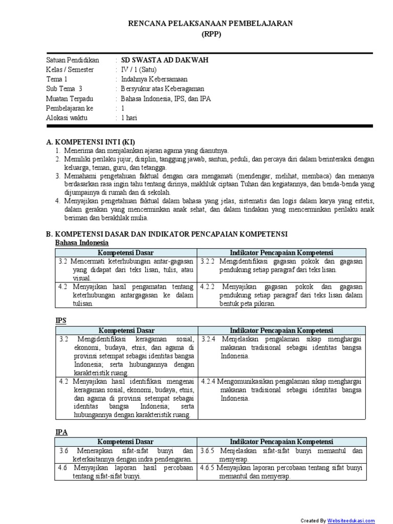 RPP Kelas 4 Tema 1 Subtema 3 | PDF