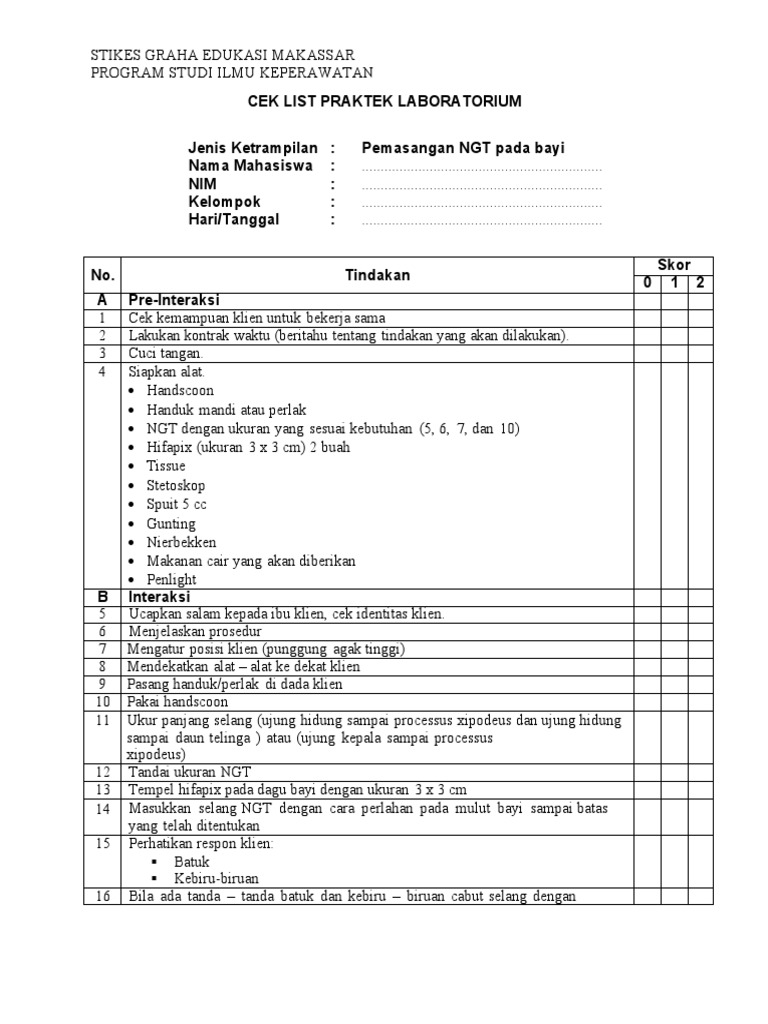 Ceklist Pemasangan NGT | PDF