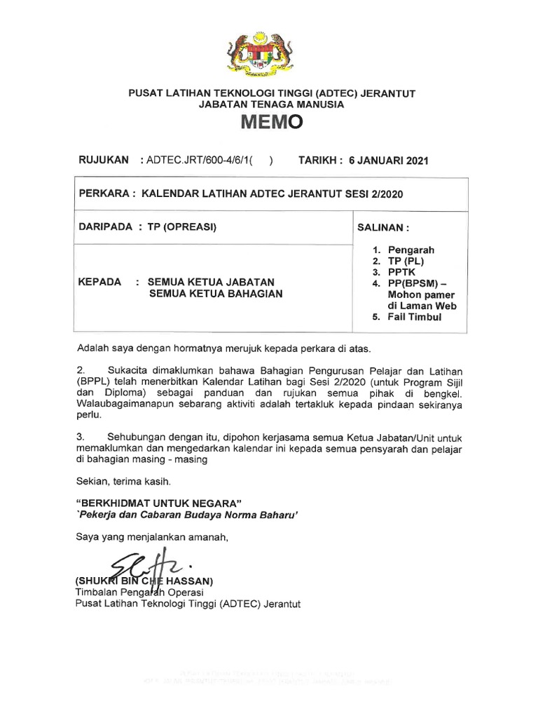 Kalendar Latihan ADTEC Jerantut Sesi 2.2020 | PDF