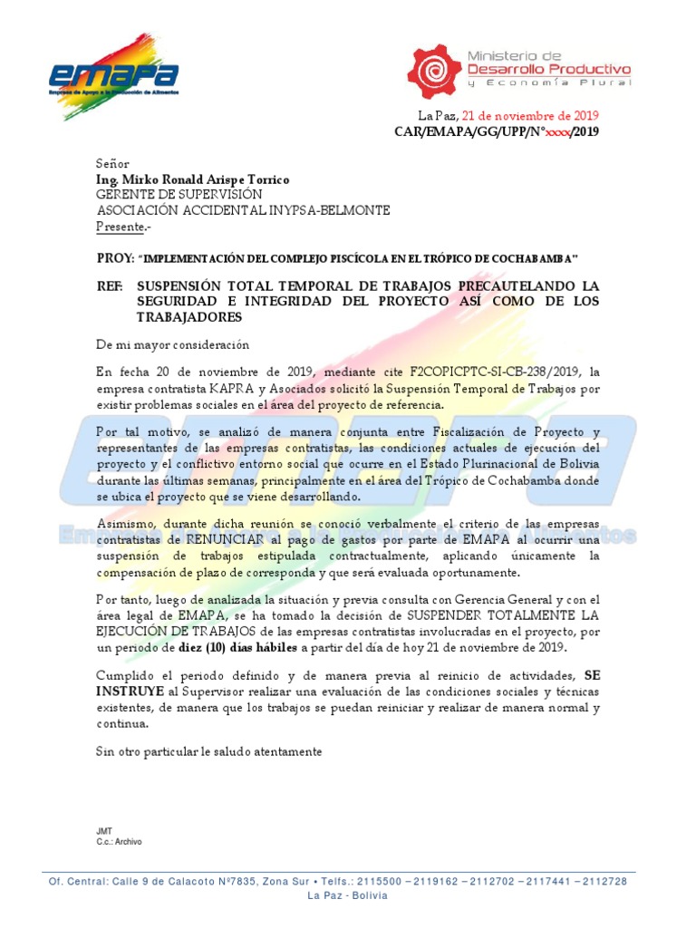CAR-EMAPA-GG-UPP-0xxx-2019-E-EMP-2019-00000-Instruc Suspension Trabajo KAPRA Rev - B | PDF