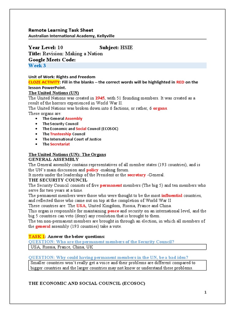Week 3 Year 10 Hsie - Remote Learning Task Sheet | PDF | United Nations ...