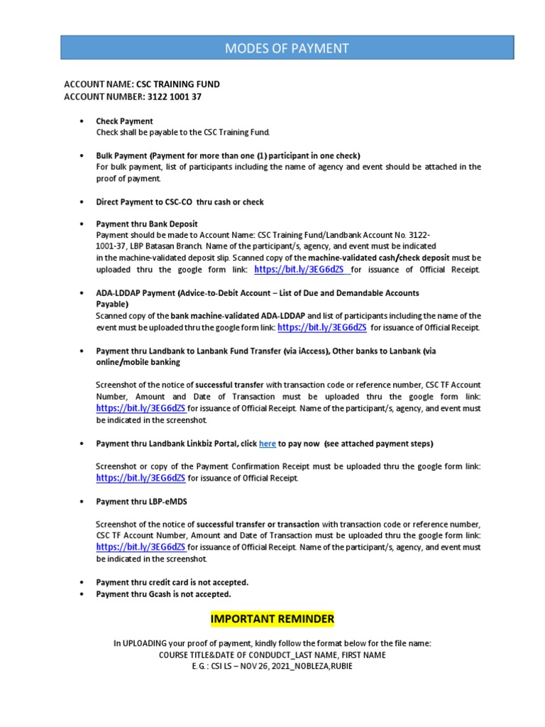 Csi Modes of Payment | Download Free PDF | Payments | Receipt