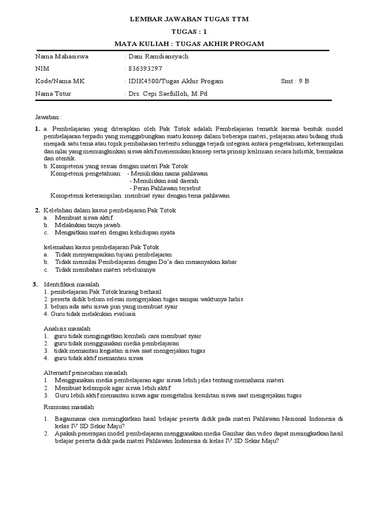 Lembar Jawaban Tugas TTM 1 Tap Dani Ramdiansyach 836393297 | PDF