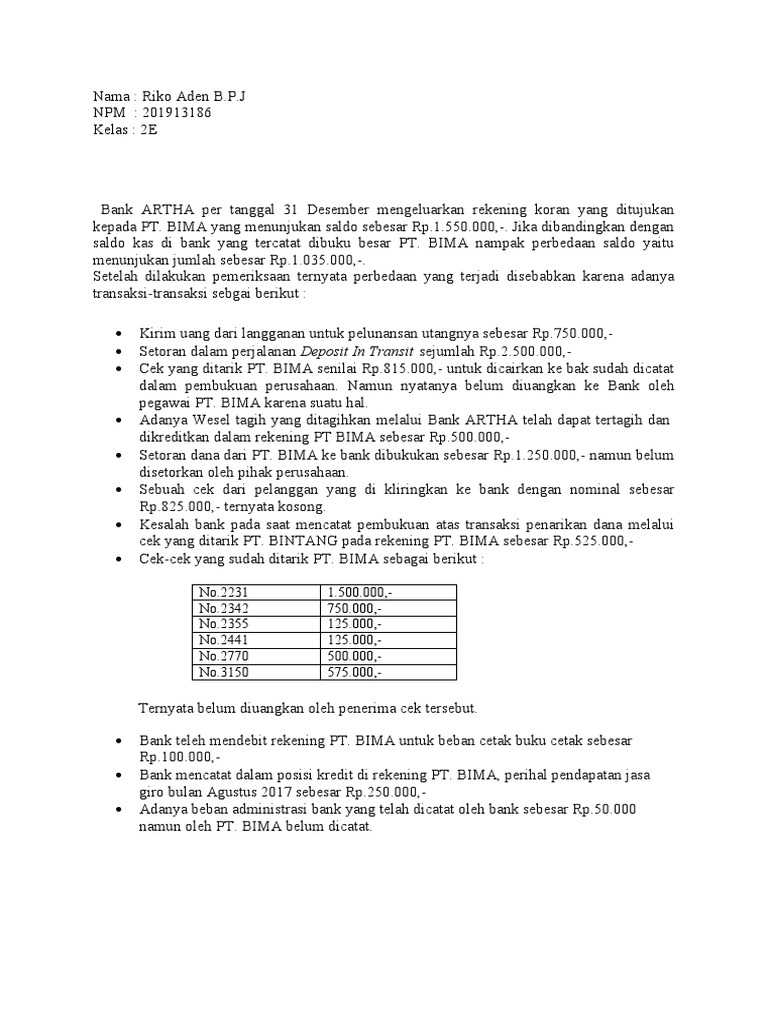 Laporan Rekonsiliasi Bank PT BIMA | PDF | Griya & Taman