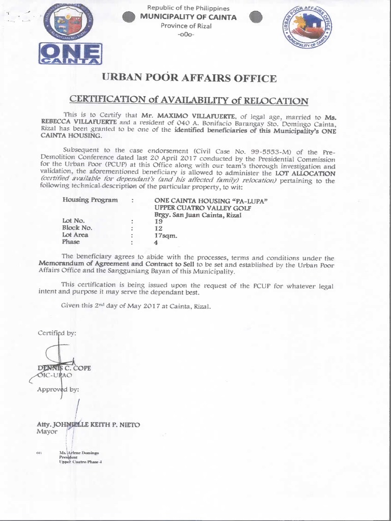 Sample Certificate of Availability of Relocation | PDF