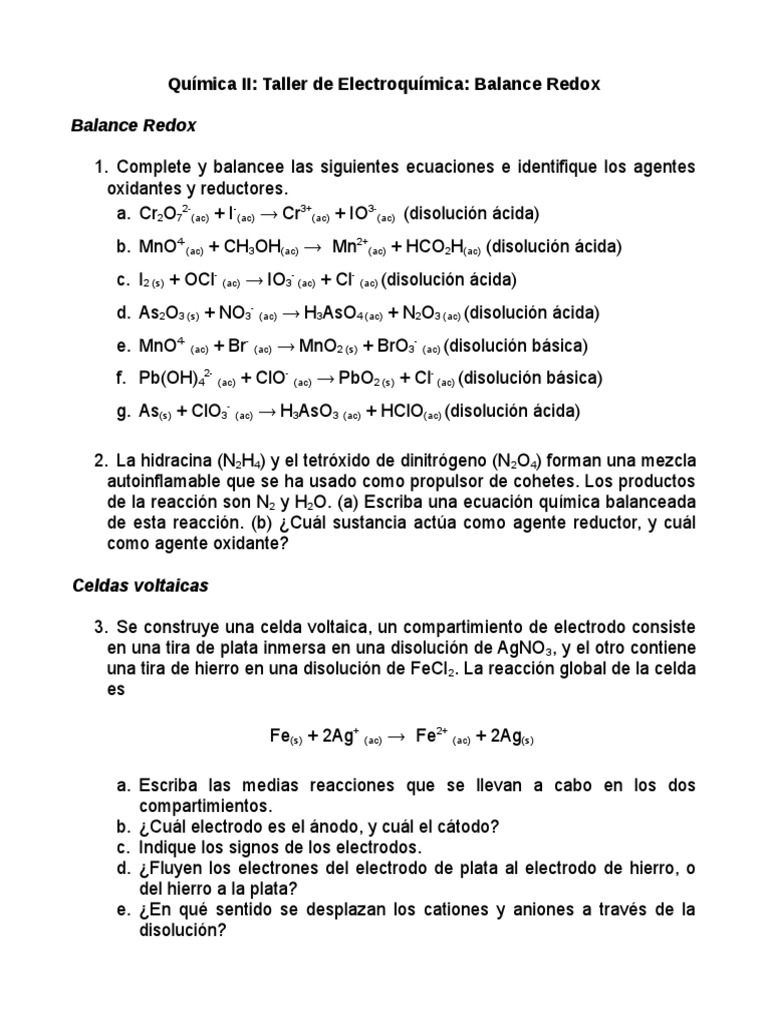 Química II: Taller de Electroquímica: Balance Redox | PDF | Electrodo | Redox