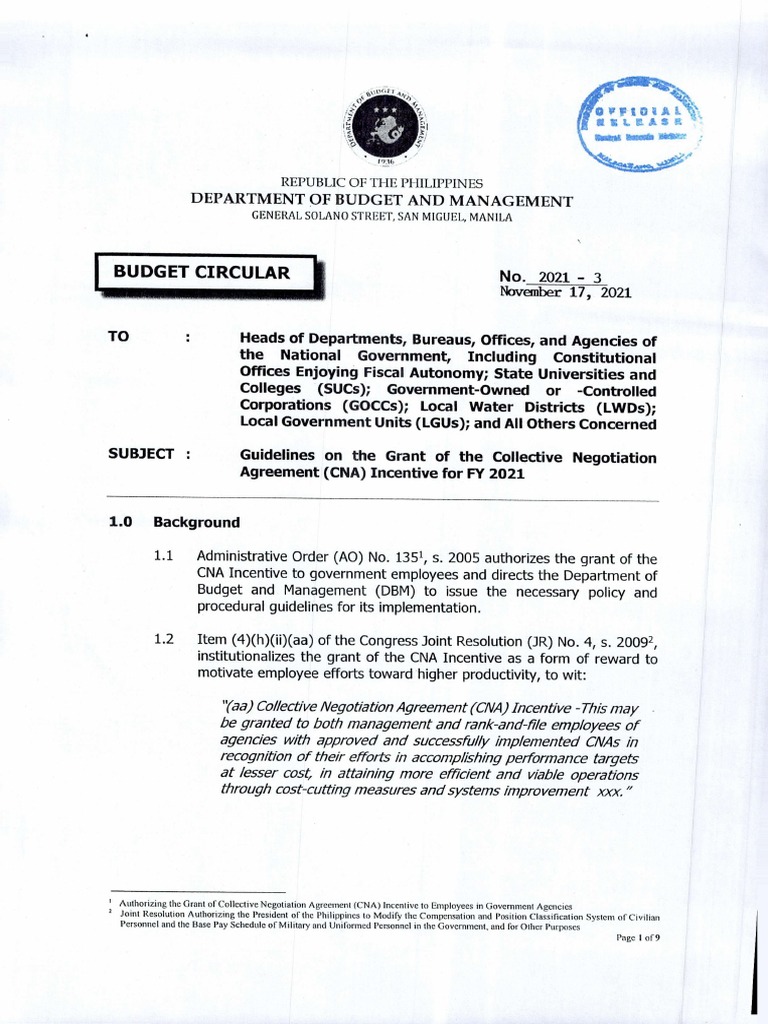 Budget Circular: Department OF Budget AND Management | PDF | Incentive ...
