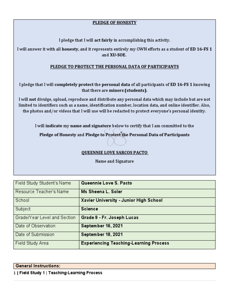Student Field Study Commitment | PDF | Learning | Teachers