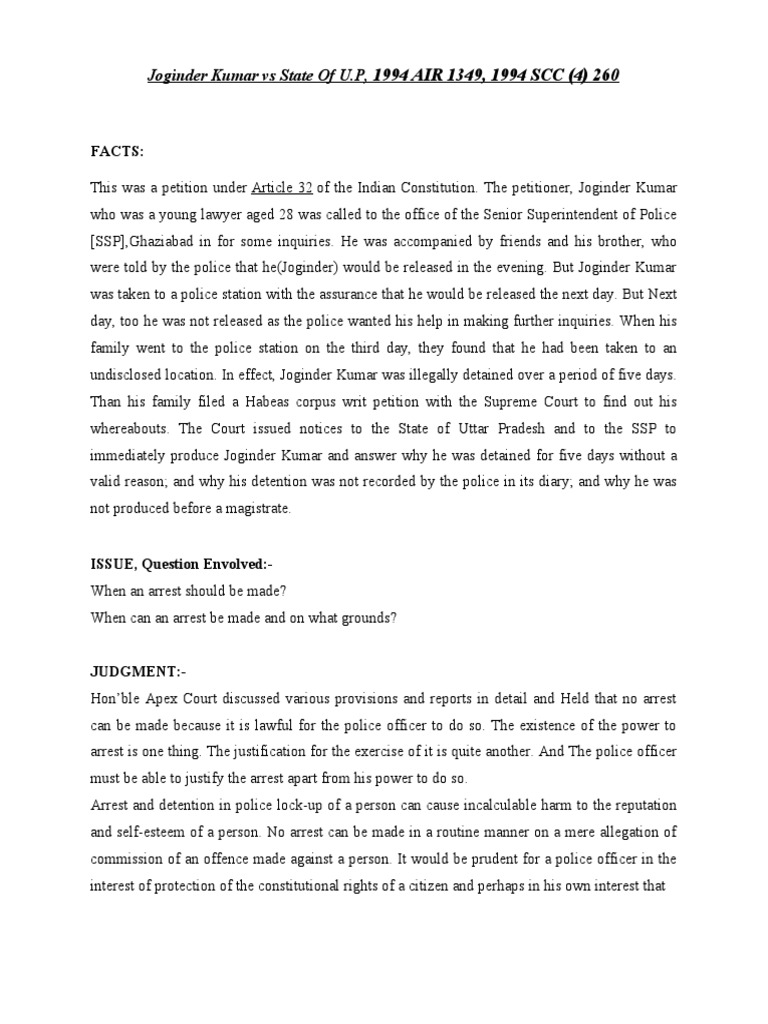 Joginder Kumar v. State of U.P. Guidelines | PDF | Arrest | Detention ...