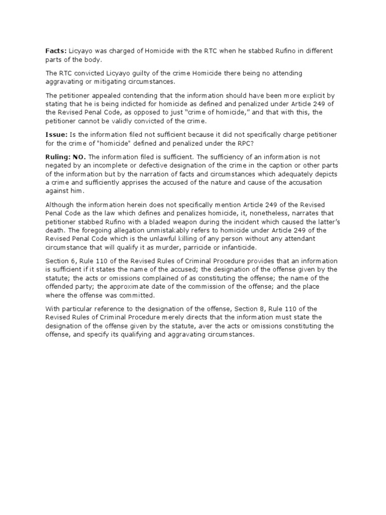 Homicide Charge Under Article 249 RPC | PDF | Social Science | Mystery ...
