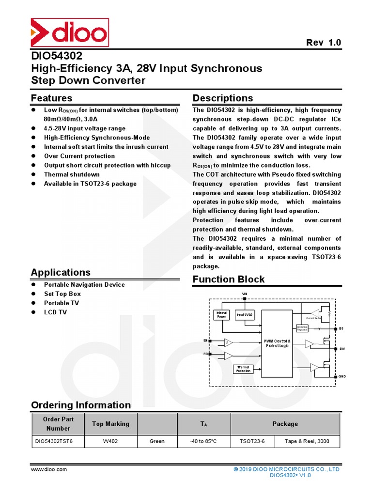 DIO54302 High-Efficiency 3A, 28V Input Synchronous Step Down Converter | PDF | Capacitor | Inductor