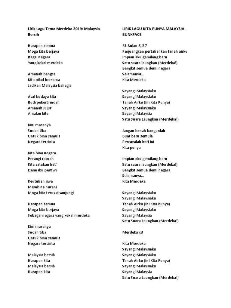 Lirik Lagu Tema Merdeka 2019 Malaysia | PDF