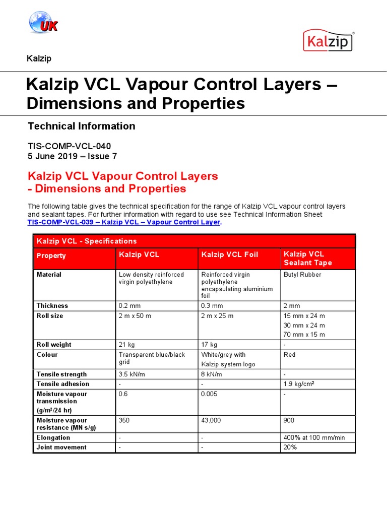 Kalzip VCL Vapour Control Layers - : Dimensions and Properties | PDF