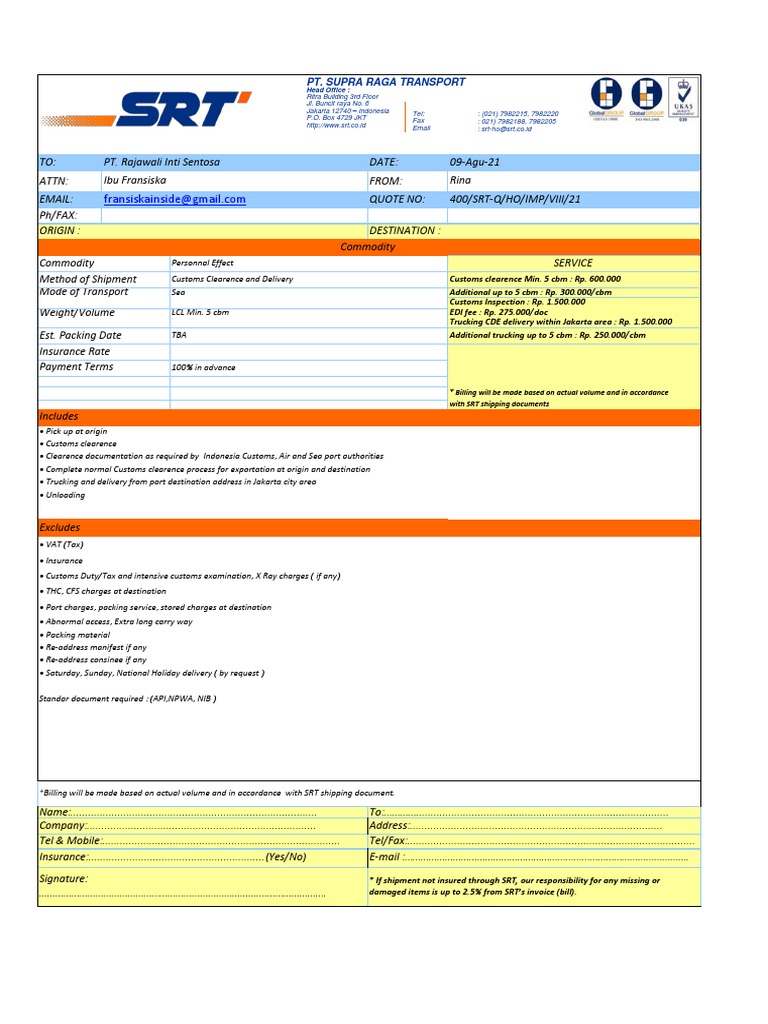 Quotation - Taiwan - Jakarta - Genco | PDF | Customs | Freight Transport