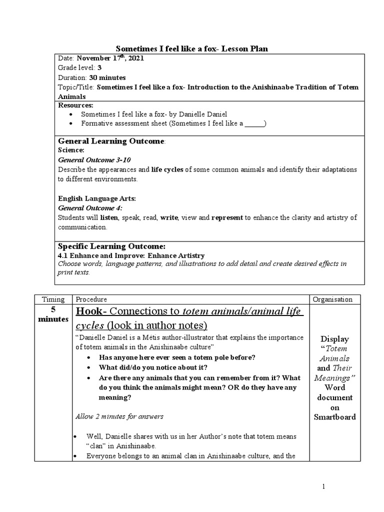 Sometimes I Feel Like A Fox - Lesson Plan | PDF | Learning | Human ...