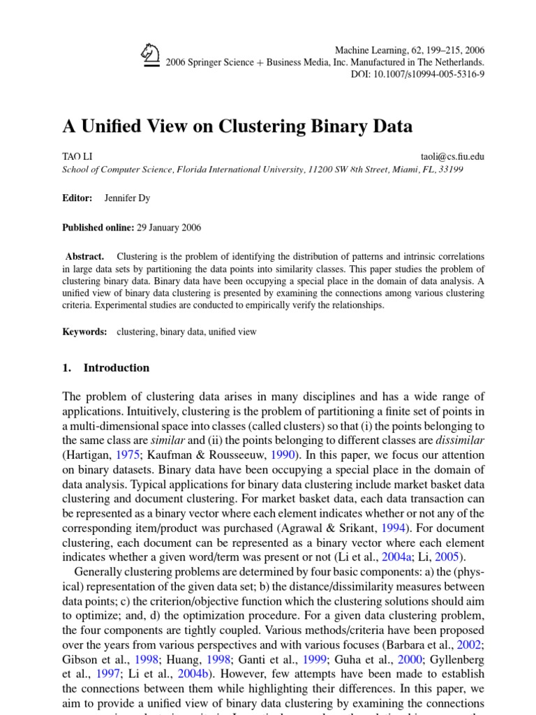 Unified View Cluster Binary Data Pdf Cluster Analysis Applied Mathematics