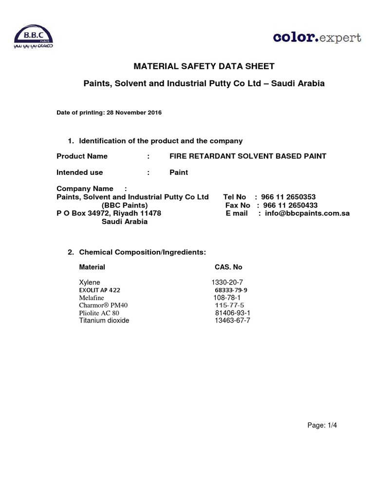 MSDS Fire Retardant Solvent Based | PDF | Biodegradation | Paint