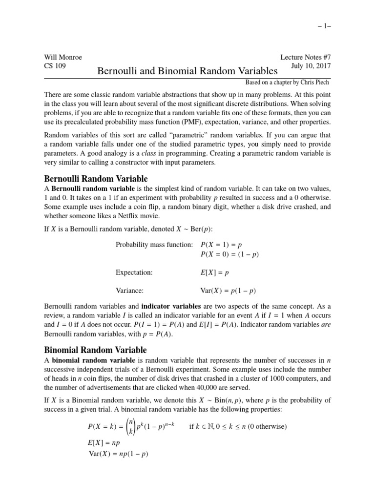 070 Bernoulli Binomial | PDF | Random Variable | Variance