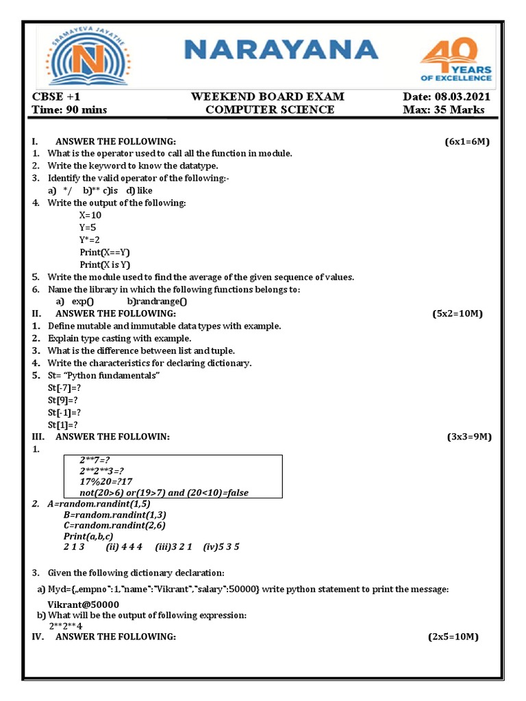 Cbse +1 Weekend Board Exam Date: 08.03.2021 Time: 90 Mins Computer Science Max: 35 Marks ...