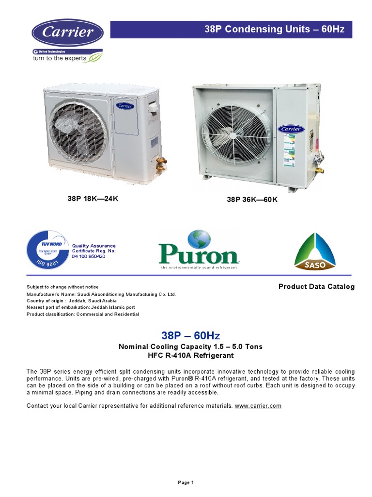 38P Condensing Units - 60Hz: 38P 18K-24K 38P 36K-60K | PDF