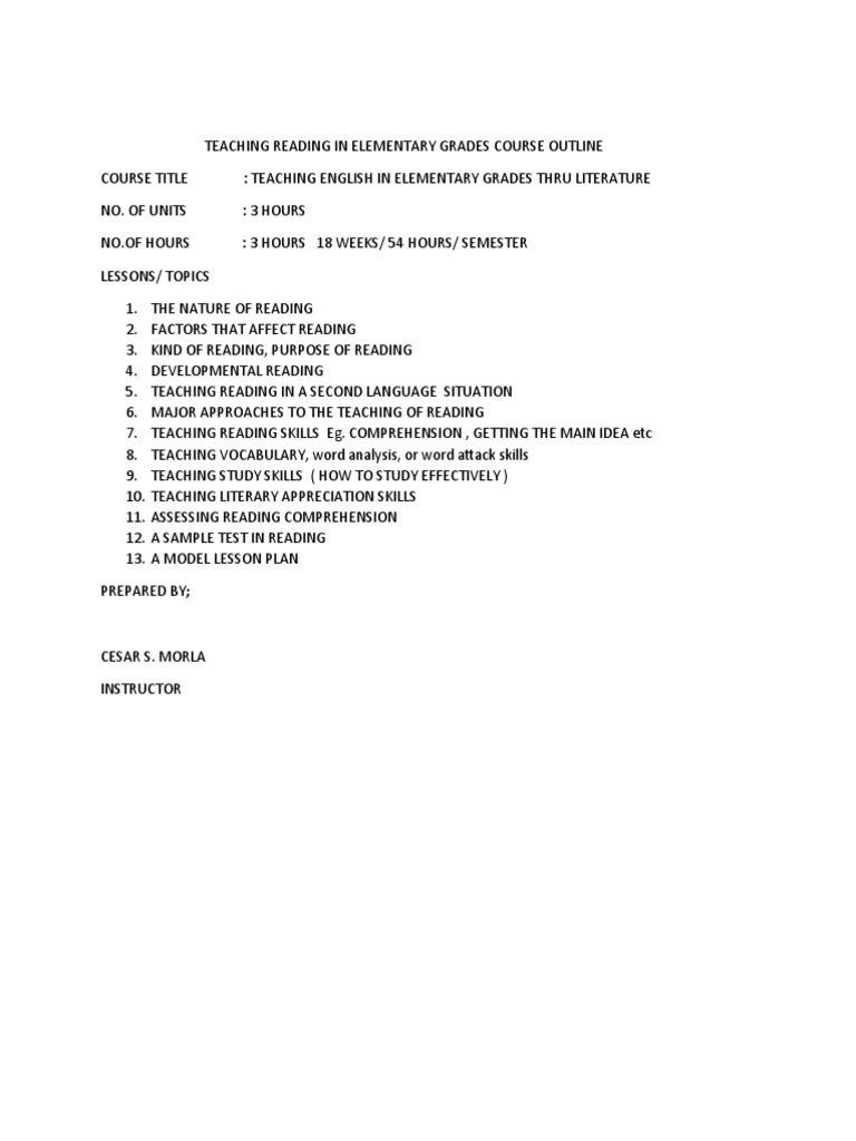 Teaching Reading in Elementary Grades Course Outline | PDF | Foreign ...