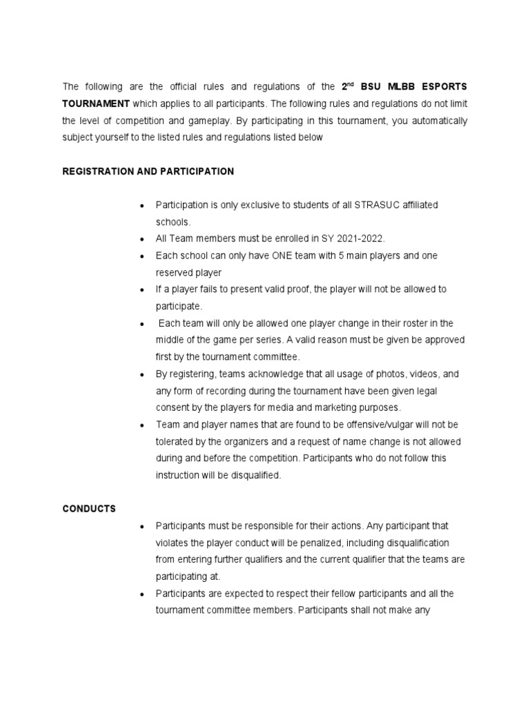 Bsu MLBB Esports TOURNAMENT Which Applies To All Participants. The Following Rules and ...