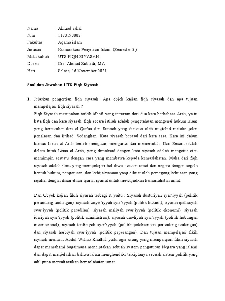 UTS FIQH SIYASAH - Ahmad Sahal - UIA - 1120190002 | PDF