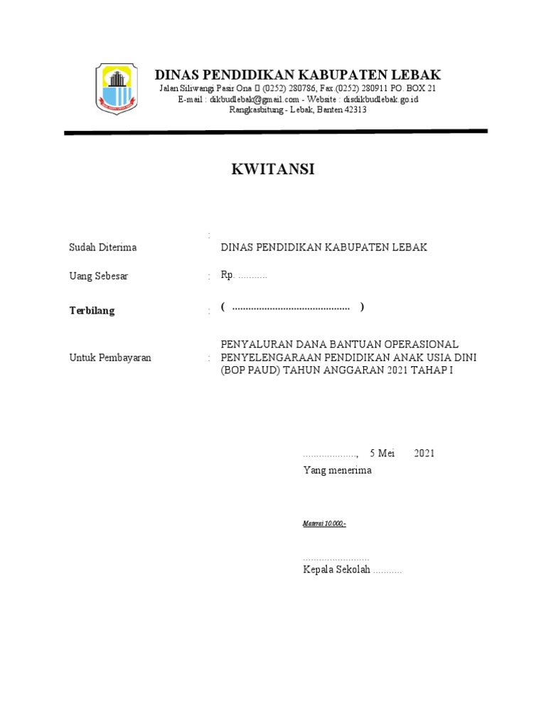 Kwitansi Bop Paud Tahun 2021 | PDF