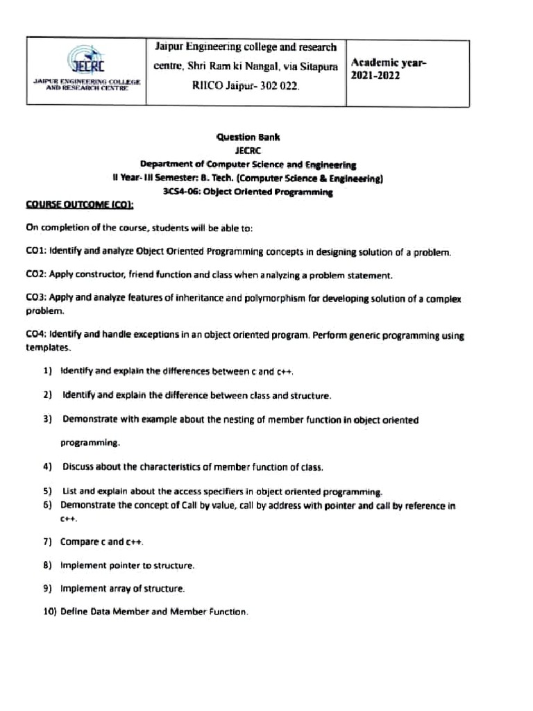Question Bank (Oops) | PDF | Subroutine | Object Oriented Programming