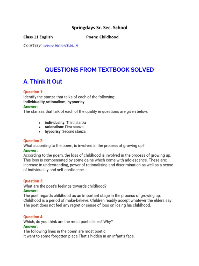 English Poem Childhood Study Material & Worksheet | Download Free PDF ...